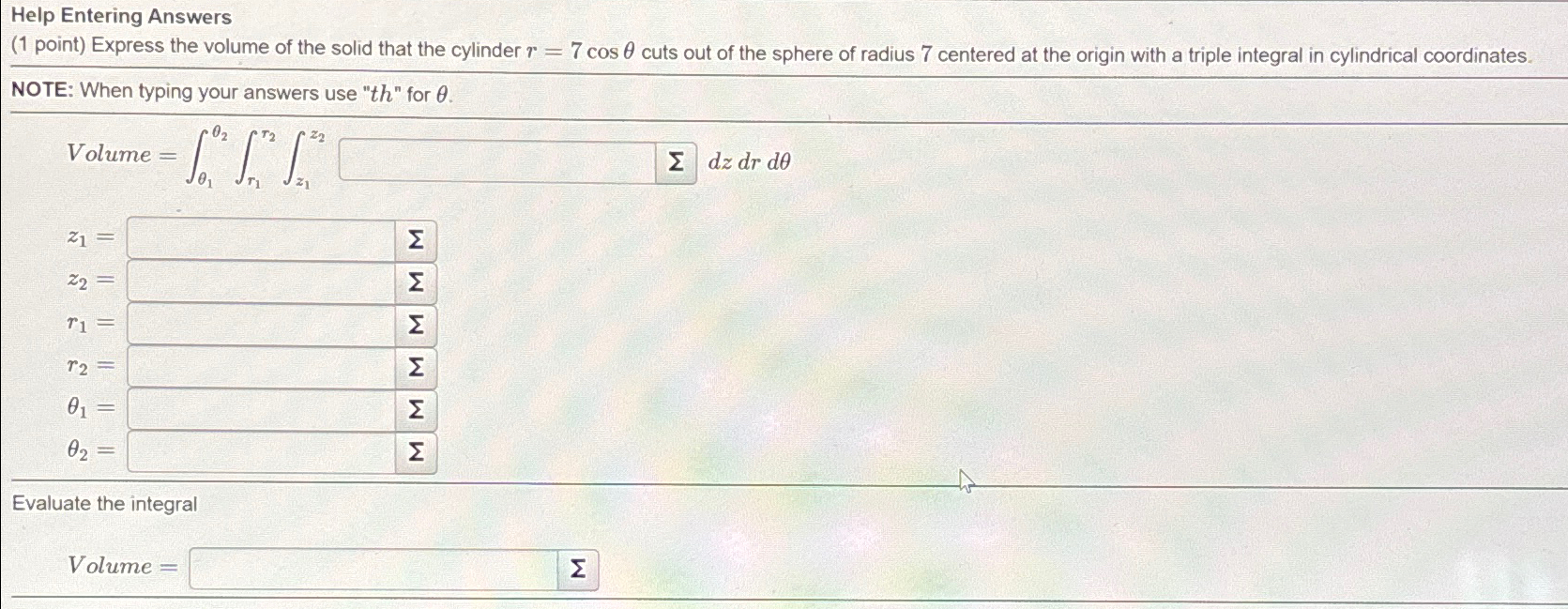 Solved Help Entering Answers(1 ﻿point) ﻿Express the volume | Chegg.com