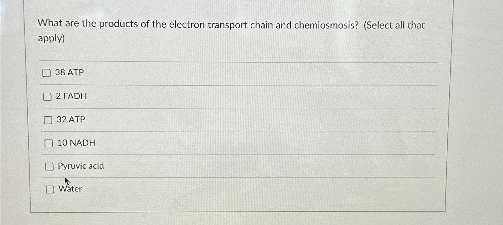 Solved What are the products of the electron transport chain | Chegg.com