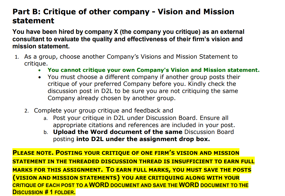 Solved Part B: Critique of other company - ﻿Vision and | Chegg.com