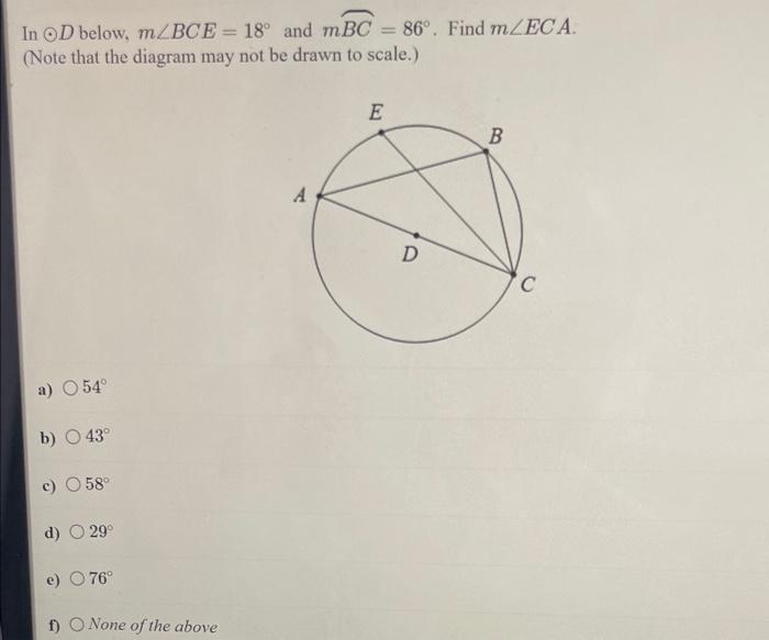 Solved In ⊙D below, m∠BCE=18∘ and \( m \overparen{B | Chegg.com