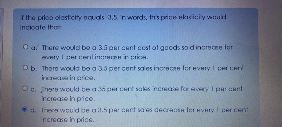 Solved If the price elasticity equals -3.5 . ﻿In words, this | Chegg.com