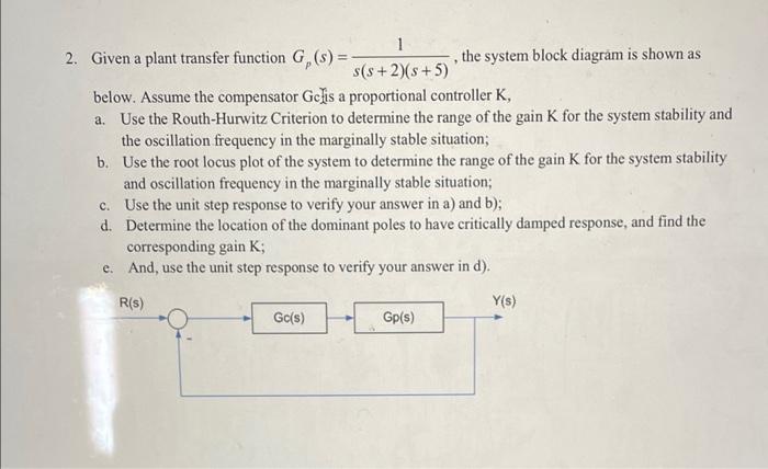 Solved 2. Given a plant transfer function | Chegg.com