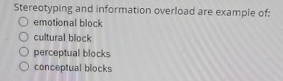 Solved Stereotyping and information overload are example of: | Chegg.com