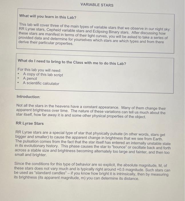 Solved VARIABLE STARS What will you learn in this Lab? This | Chegg.com