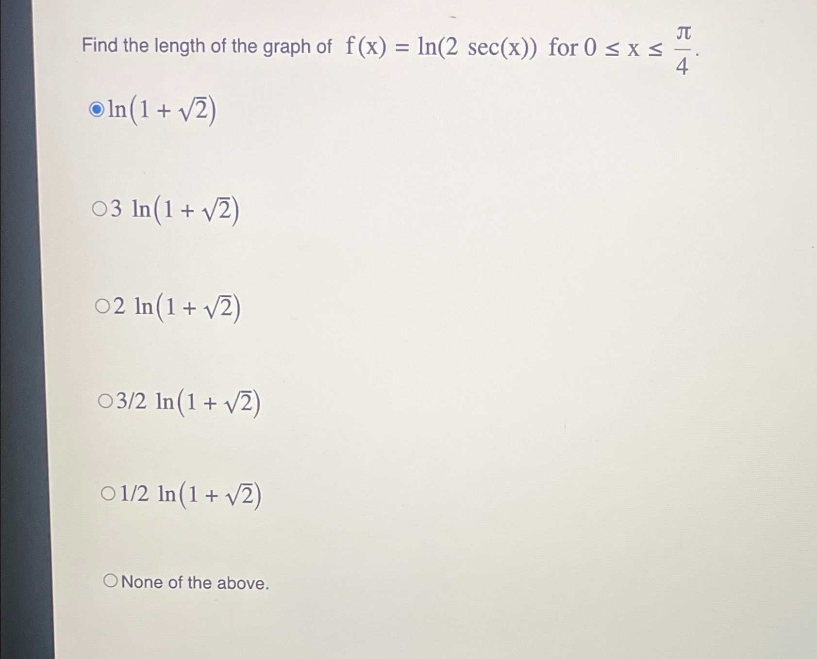 Solved Find the length of the graph of f(x)=ln(2sec(x)) ﻿for | Chegg.com
