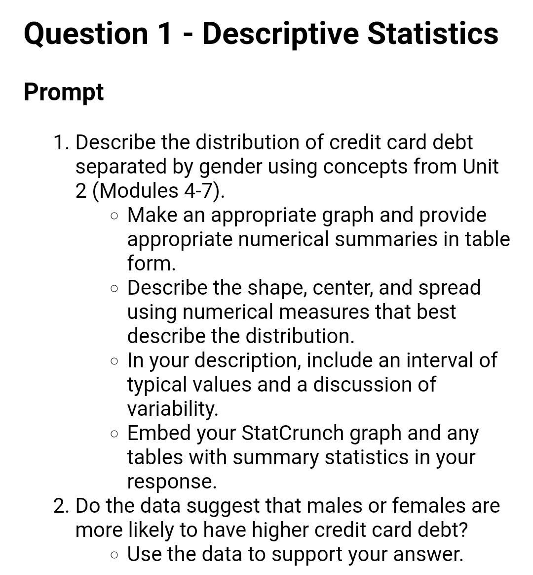 Solved Question 1 - Descriptive Statistics Prompt 1. | Chegg.com