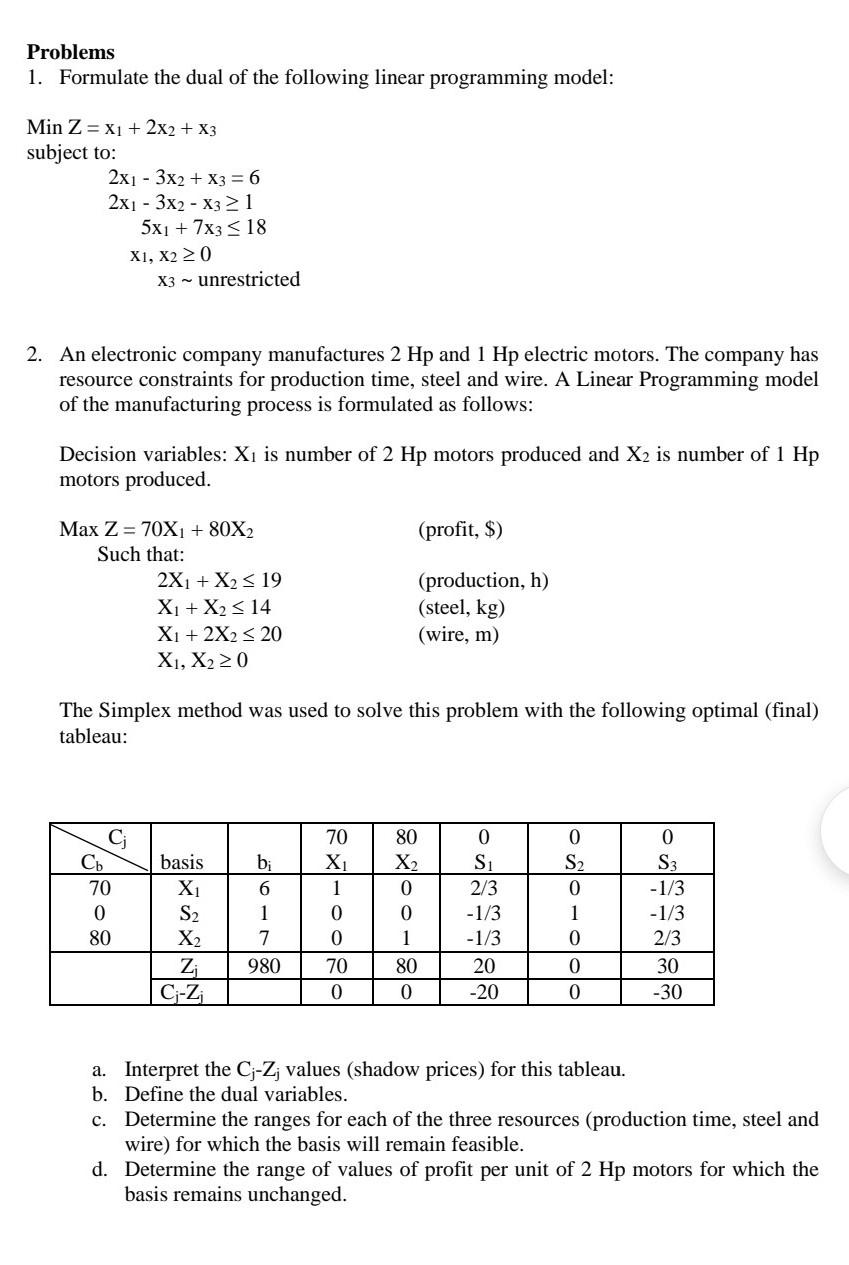 Solved Problems 1. Formulate the dual of the following | Chegg.com