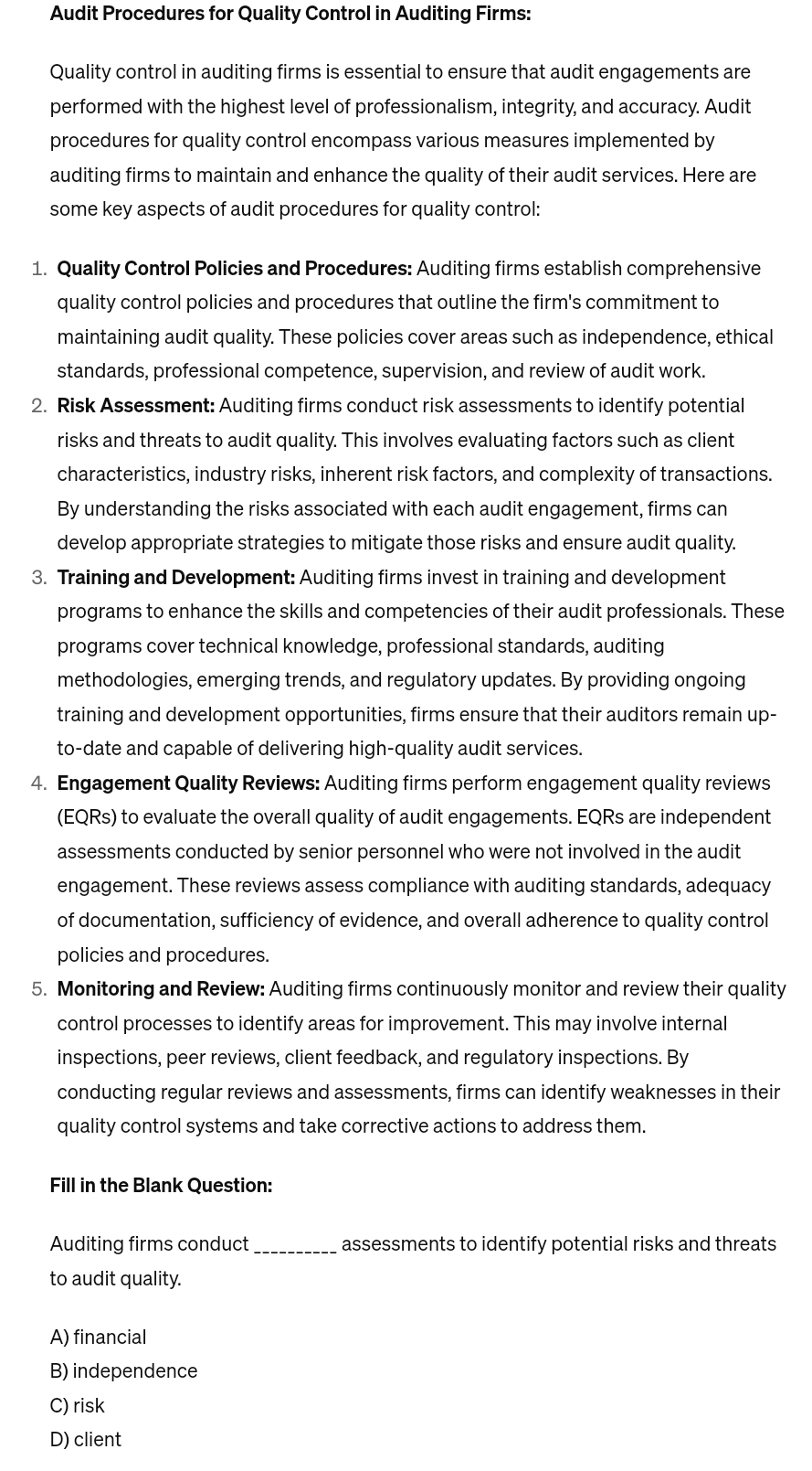 Solved Audit Procedures for Quality Control in Auditing | Chegg.com