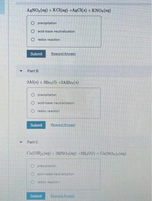 Solved AgNO3(aq) + KCl(aq) +AgCl(s) + KNO3(aq) O | Chegg.com