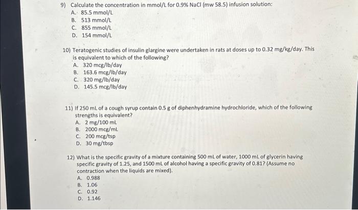 Solved 9) Calculate the concentration in mmol/ L for | Chegg.com