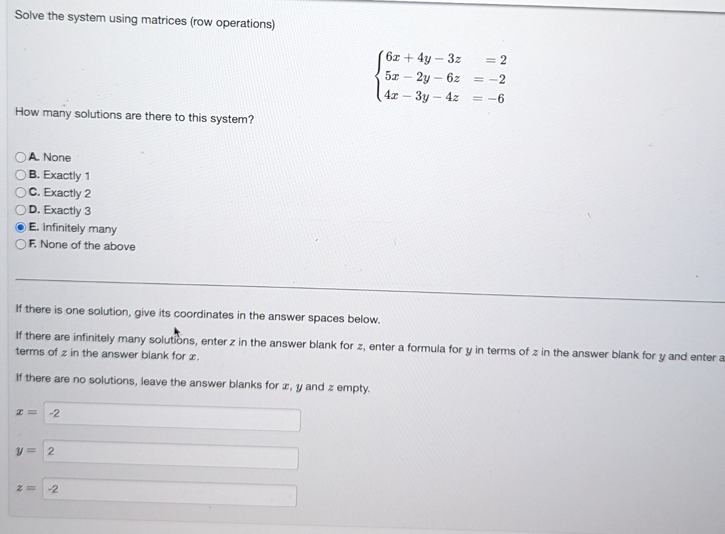 Solved Solve the system using matrices (row | Chegg.com