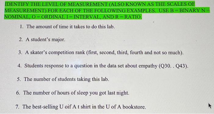 Solved IDENTIFY THE LEVEL OF MEASUREMENT (ALSO KNOWN AS THE | Chegg.com