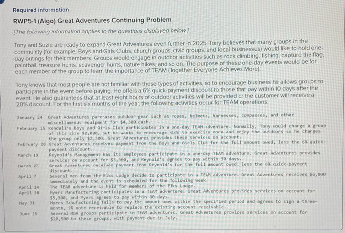 RWP5-1 (Algo) Great Adventures Continuing Problem | Chegg.com