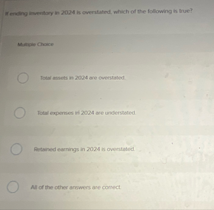 Solved Hending imentory in 2024 ﻿is overstated, which of the | Chegg.com