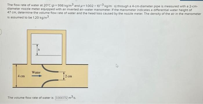 Solved The flow rate of water at 20∘C(ρ=998 kg/m3 and | Chegg.com
