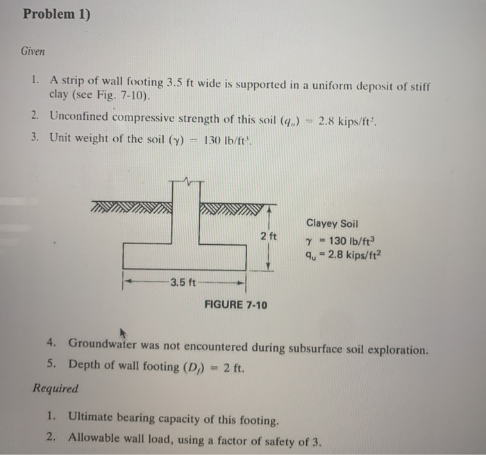 Solved Problem 1) Given 1. A strip of wall footing 3.5 ft | Chegg.com Solved Problem 1) Given 1. A strip of wall footing 3.5 ft | Chegg.com