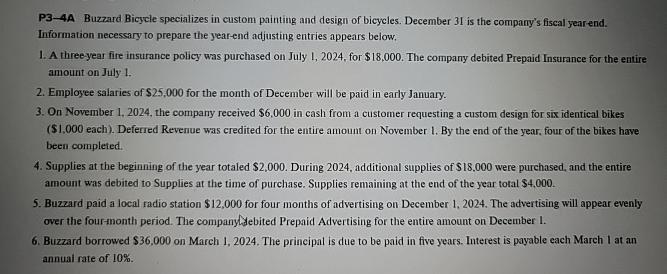 Solved P3-4A Buzzard Bicycle specializes in custom painting | Chegg.com
