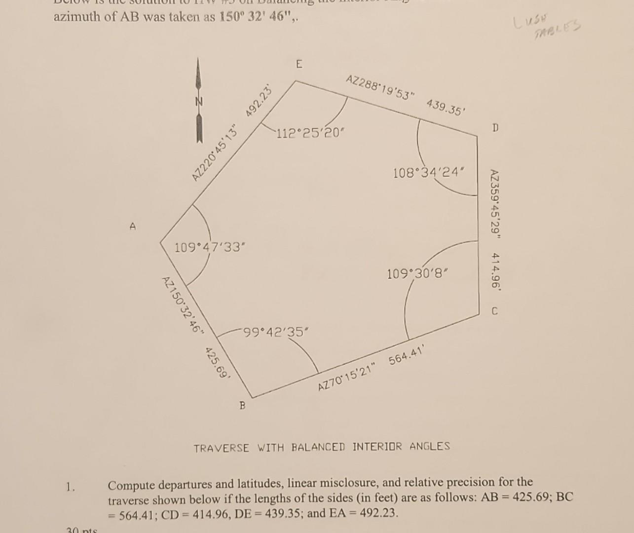 Solved TRAVERSE WITH BALANCED INTERIOR ANGLES Compute | Chegg.com