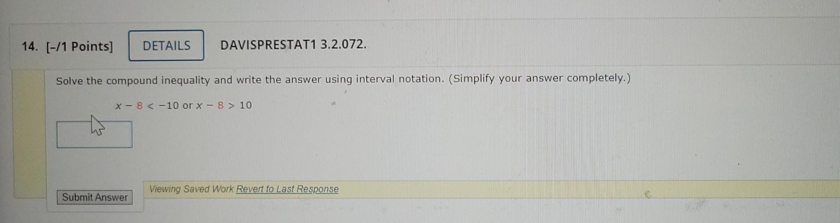 Solved 14. [-/1 Points] DETAILS DAVISPRESTAT1 3.2.072. Solve | Chegg.com