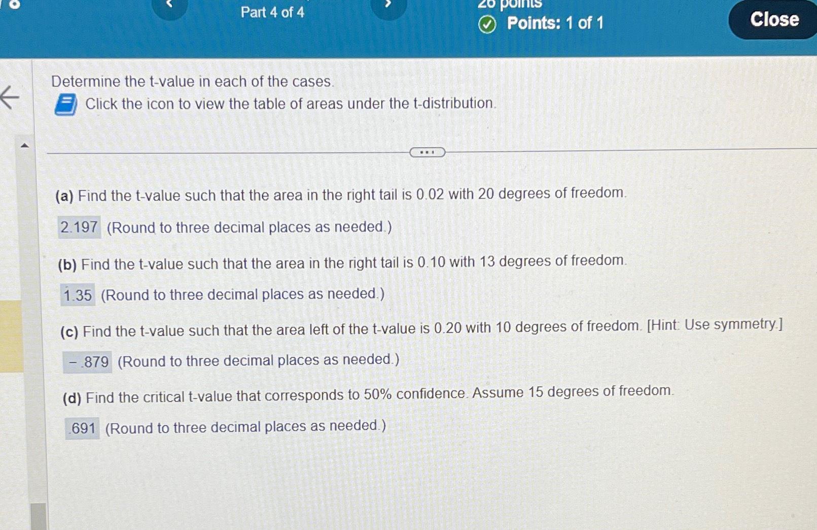 Solved Part 4 ﻿of 4Points: 1 ﻿of 1Determine the t-value in | Chegg.com
