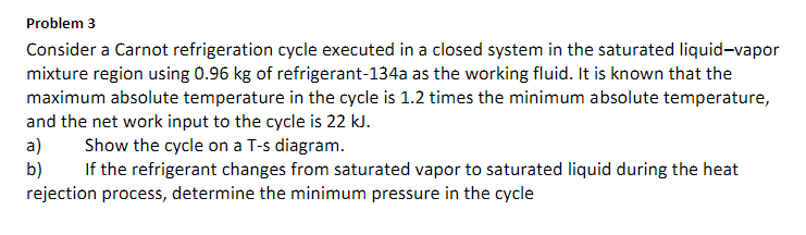 Solved Problem 3Consider a Carnot refrigeration cycle | Chegg.com
