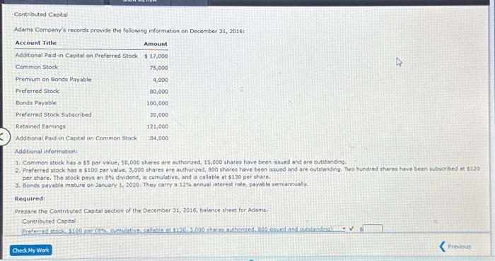 Solved Contributed Capital Adams Company's records provide | Chegg.com