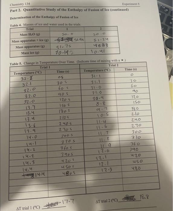 Part 2. Quantitative Study of the Enthalpy of Fusion | Chegg.com