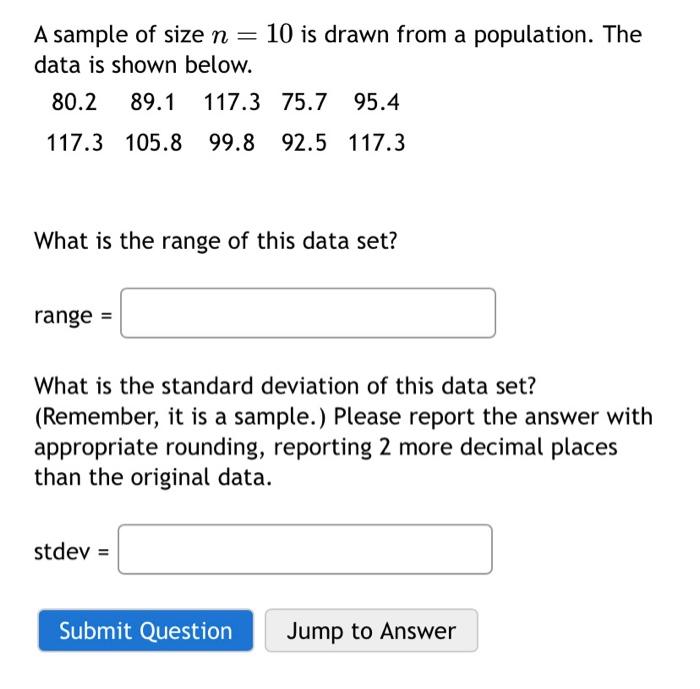 Solved A sample of size n=10 is drawn from a population. The | Chegg.com