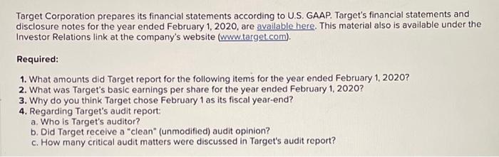 Target Corporation prepares its financial statements | Chegg.com