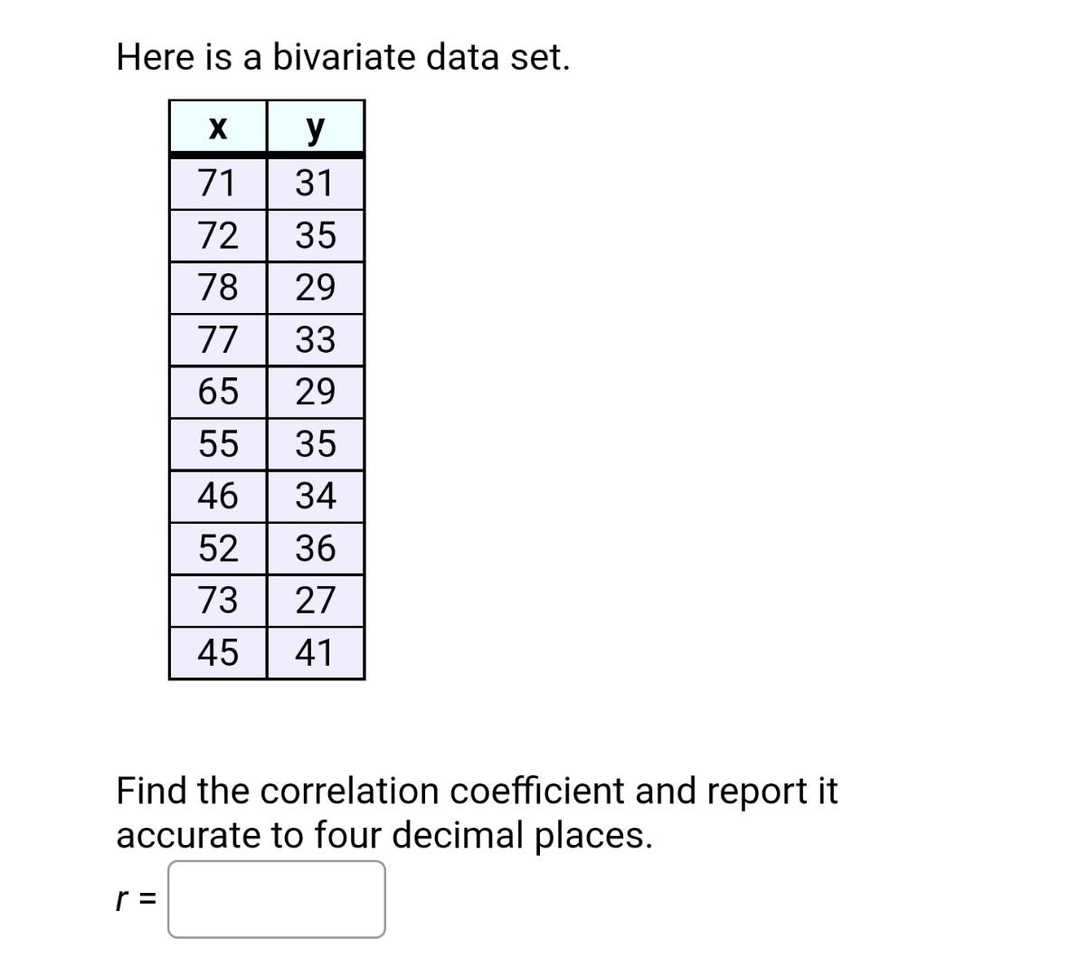 Solved Here is a bivariate data set. х у 31 71 72 78 77 65 | Chegg.com