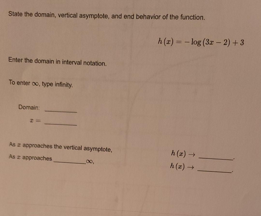 Solved State the domain, vertical asymptote, and end | Chegg.com