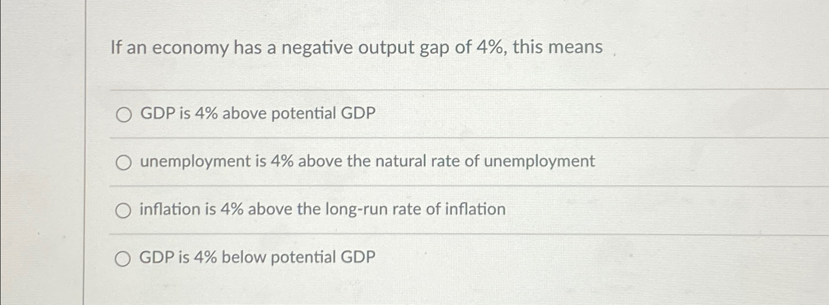 Solved If an economy has a negative output gap of 4%, ﻿this | Chegg.com