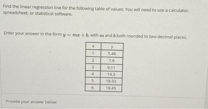 Solved Find the linear regression line for the following | Chegg.com