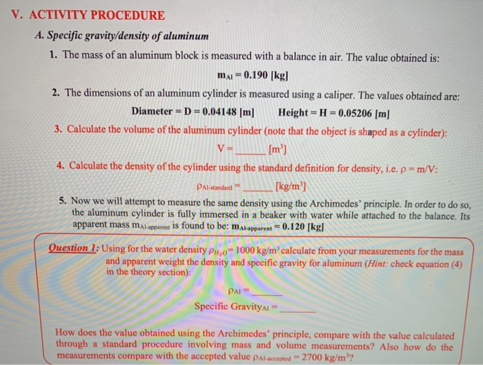 Solved V. ACTIVITY PROCEDURE A. Specific gravity/density of | Chegg.com