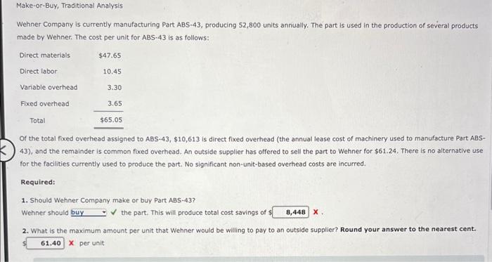 Solved Wehner Company is currently manufacturing Part | Chegg.com