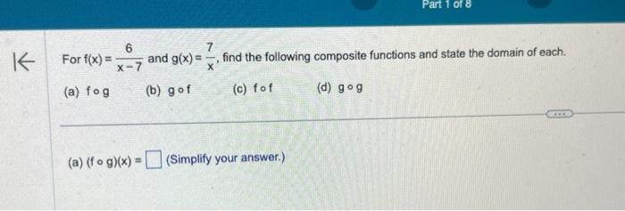Solved For f(x)=x−76 and g(x)=x7, find the following | Chegg.com