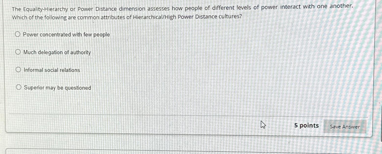 Solved The Equality-Hierarchy or Power Distance dimension | Chegg.com