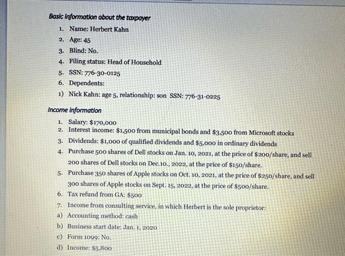 Basic information obout the taxpoyer 1. Name: Herbert | Chegg.com