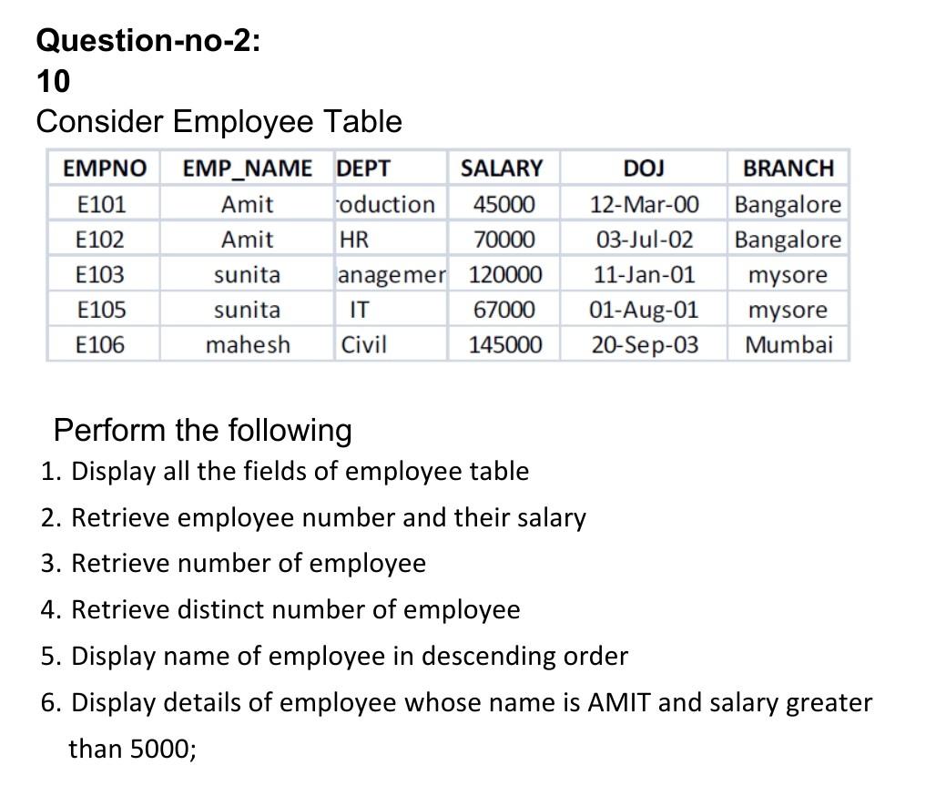 Solved Question-no-2: 10 Consider Employee Table EMPNO | Chegg.com