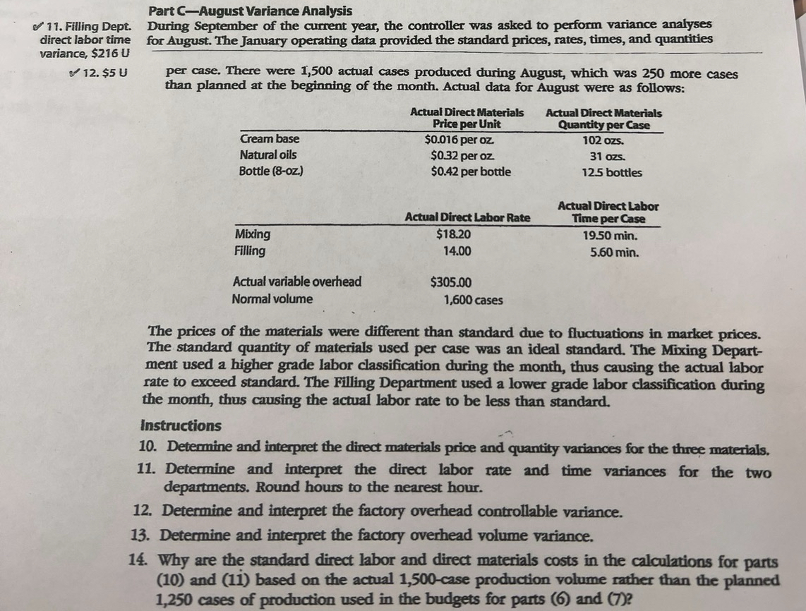 Solved Filling Dept. direct labor time variance, | Chegg.com