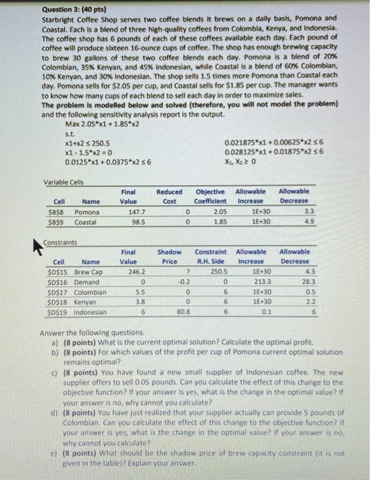 Solved Question 3: (40 pts) Starbright Coffee Shop serves | Chegg.com