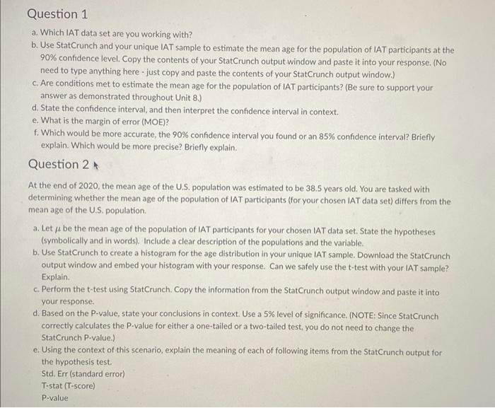 Solved a. Which IAT data set are you working with? b. Use | Chegg.com