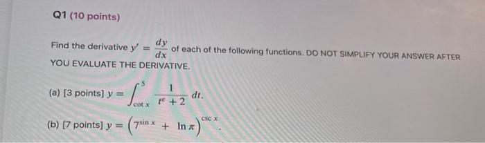 Solved Find the derivative y′=dxdy of each of the following | Chegg.com