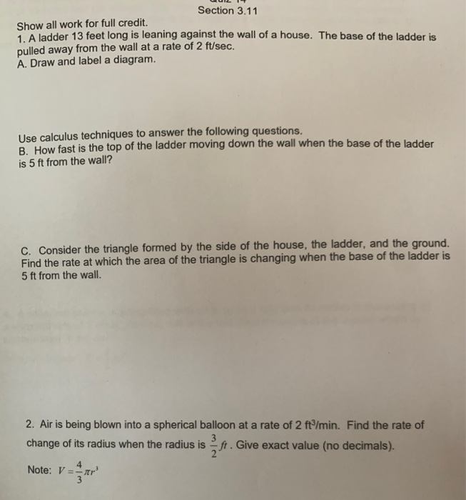 Solved Section 3.11 Show all work for full credit. 4 Aladder | Chegg.com