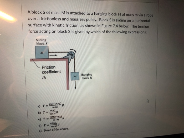 Solved A block S of mass M is attached to a hanging block H | Chegg.com