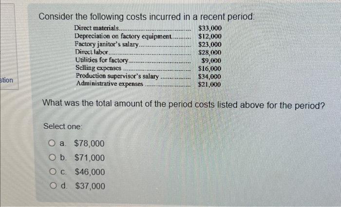 Solved Consider the following costs incurred in a recent | Chegg.com
