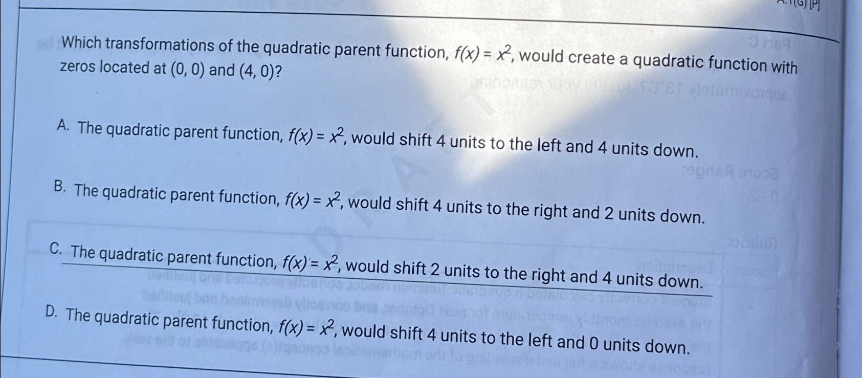 Solved Which transformations of the quadratic parent | Chegg.com