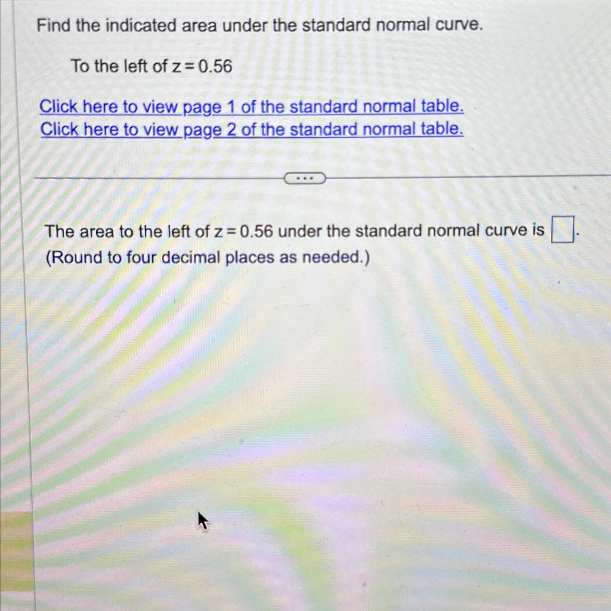 Solved Find the indicated area under the standard normal | Chegg.com