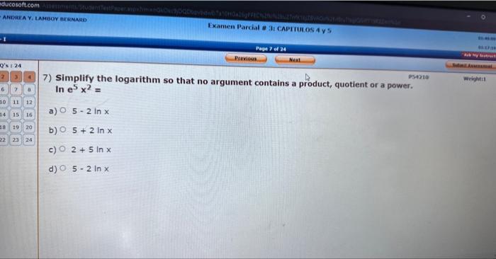 Solved 7) Simplify the logarithm so that no argument | Chegg.com