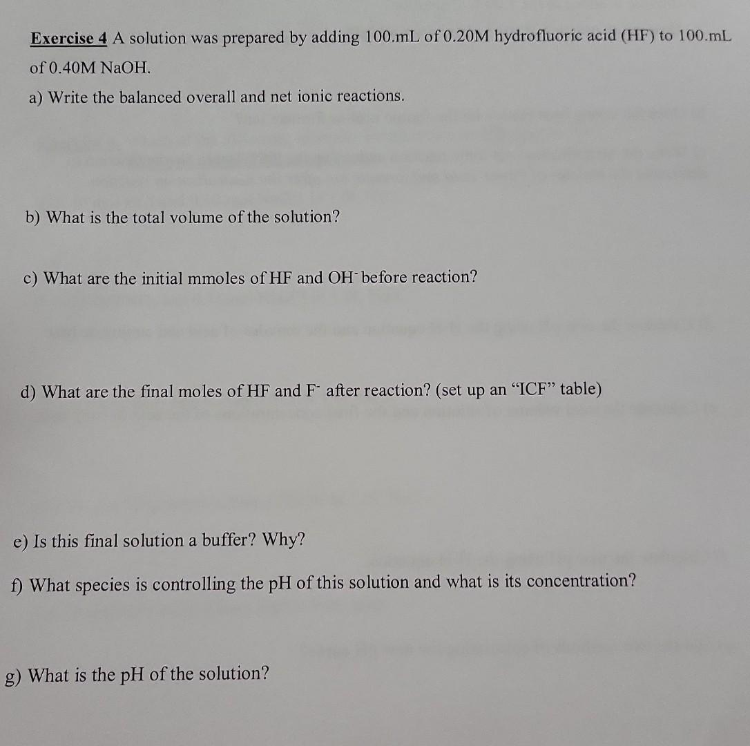 Solved Exercise 4 A solution was prepared by adding 100.mL | Chegg.com